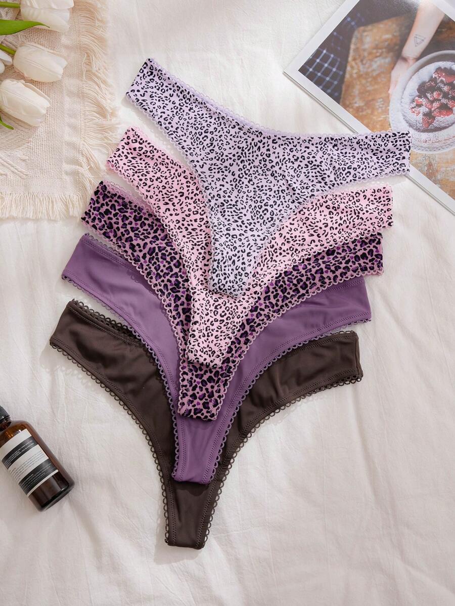 5pcs Women's Plain And Leopard Print Sexy Thongs Underwear | SHEIN USA