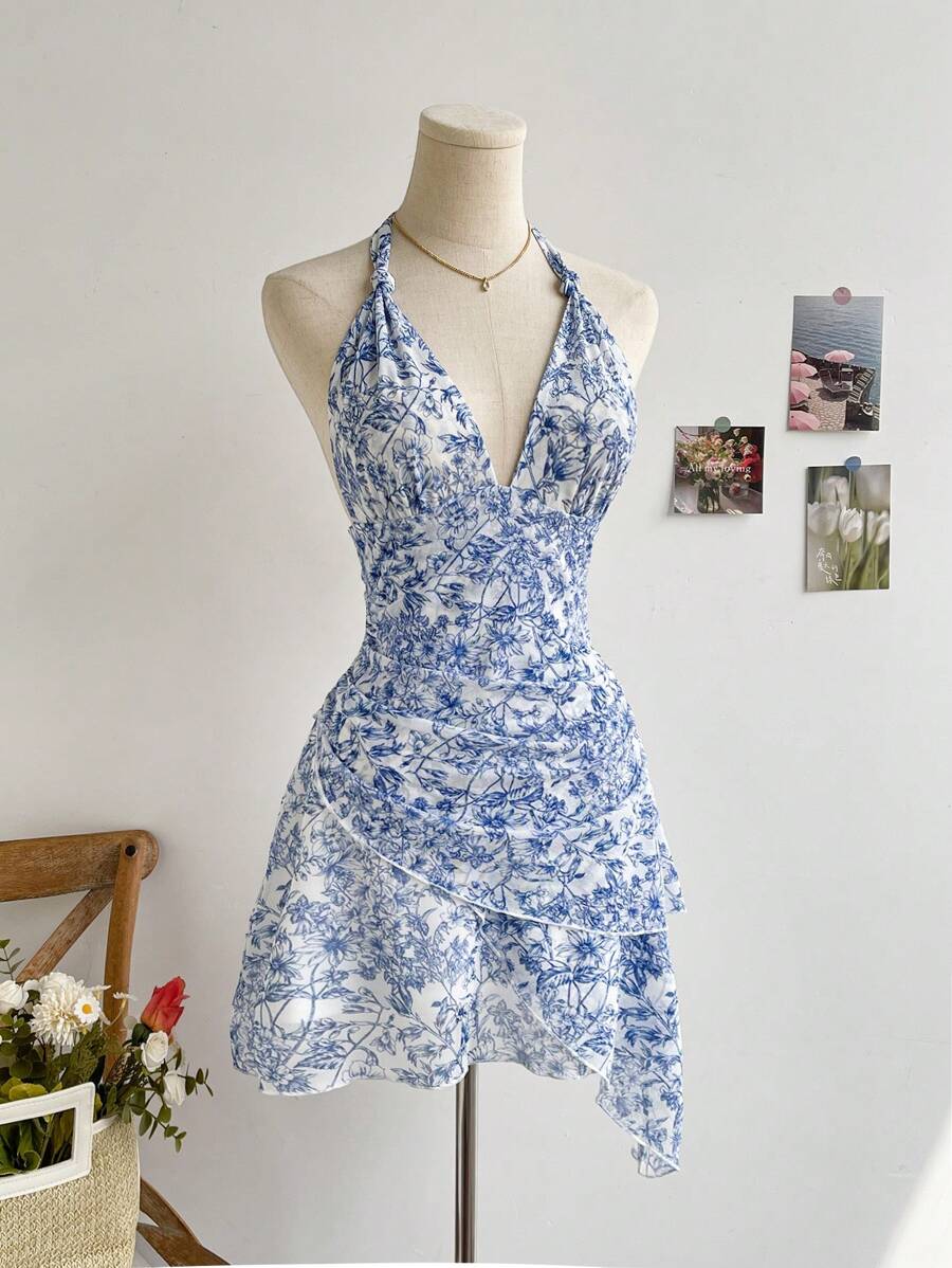 SHEIN Dreamara Blue And White Vintage Floral Print V-Neck Tie-Up Mesh ...