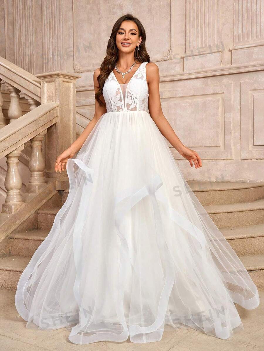 SHEIN Belle Elegant, Gorgeous And Sexy White Beaded Lace Oversized A-Hem With Long Train ...