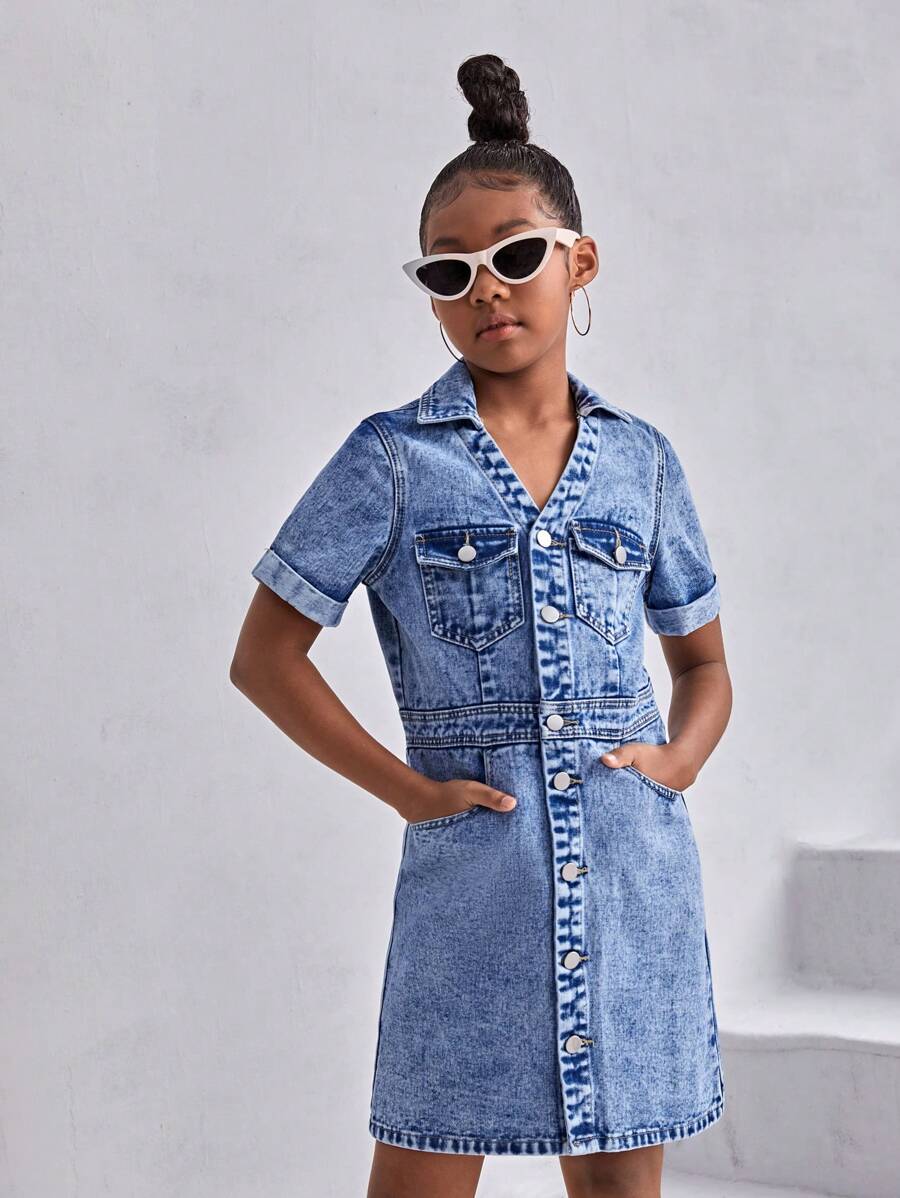 TWEEN GIRL PREPPY CASUAL LIGHT WASH Button Front Denim Dress | SHEIN USA