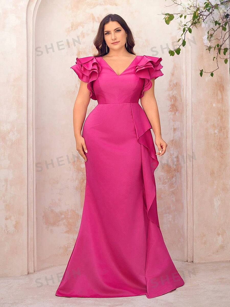 SHEIN Belle Plus Size Elegant Formal Evening Dress, Dark Pink, Multi-Layered Ruffle Sleeves And ...