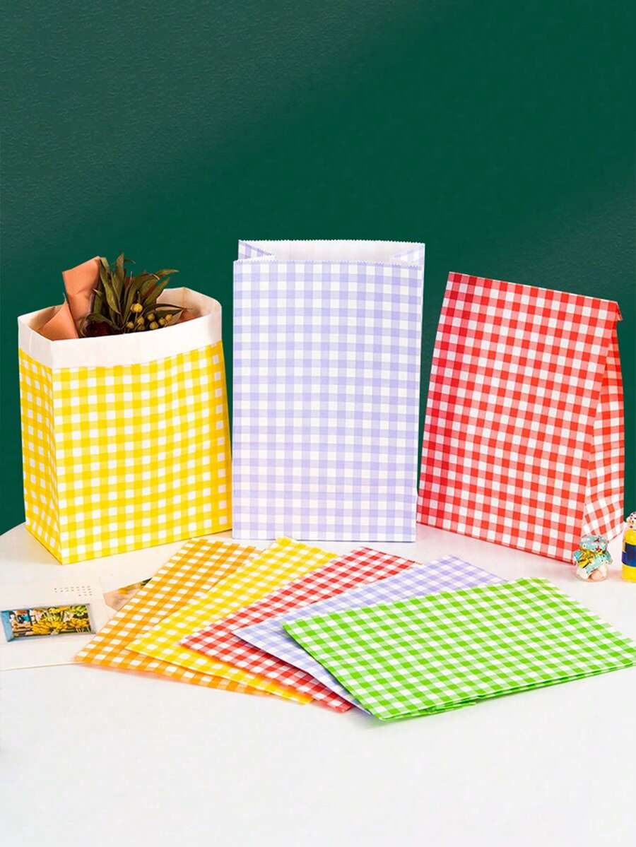 10pcs Colorful Checkered Kraft Paper Bag, Gift Wrapping Bag, Small Item ...