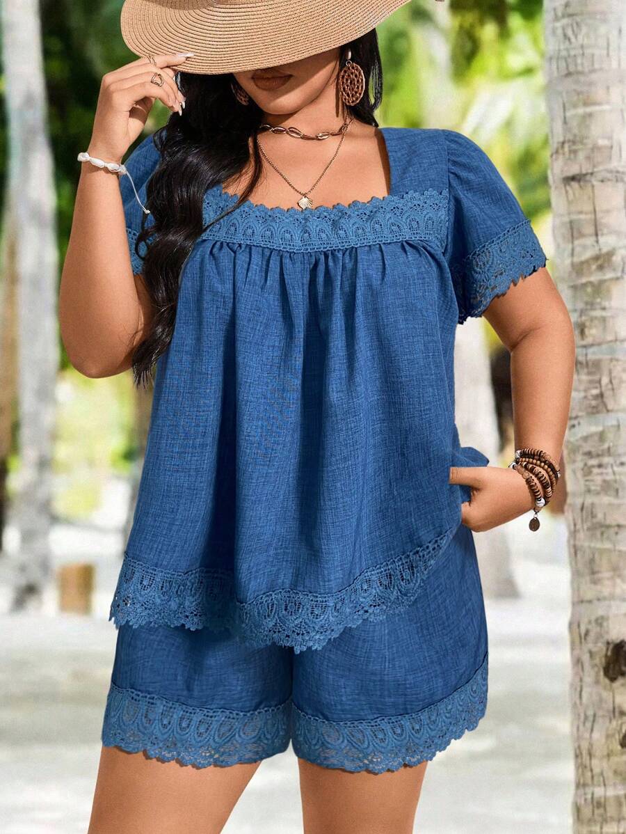 Shein Vcay Plus Size Vacation Leisure Solid Color Lace Trim Short Sleeve Shirt And Shorts Set