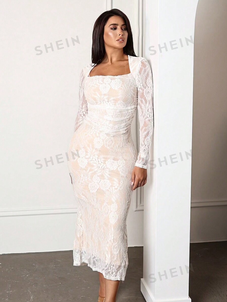 SHEIN Modely Women's Solid Color Elegant Lace Decorated Long Sleeve ...