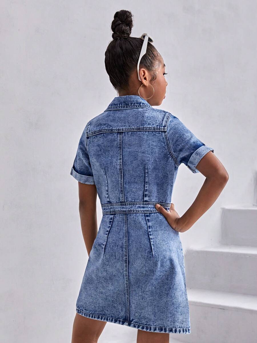 TWEEN GIRL PREPPY CASUAL LIGHT WASH Button Front Denim Dress | SHEIN USA
