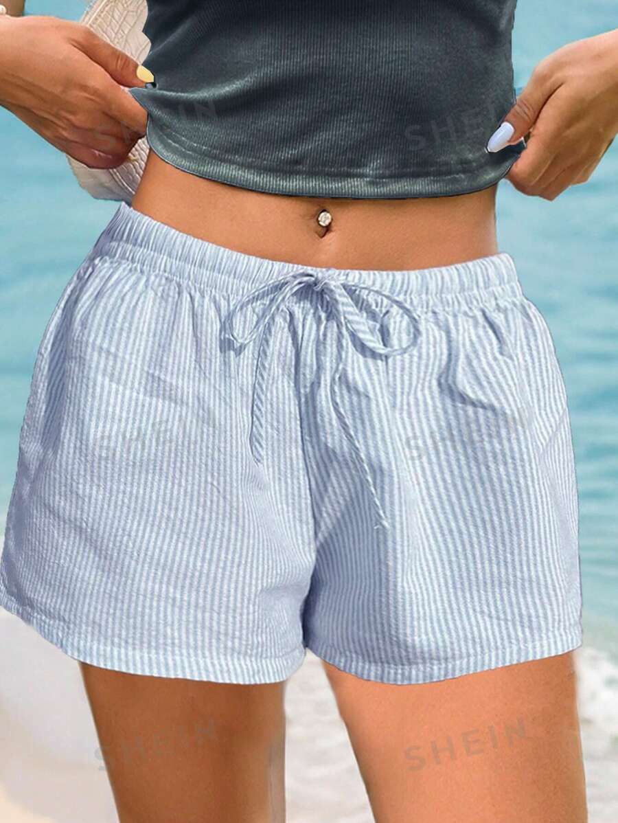 SHEIN EZwear Women's Striped Low-Rise Shorts For Summer Vacation Beach ...