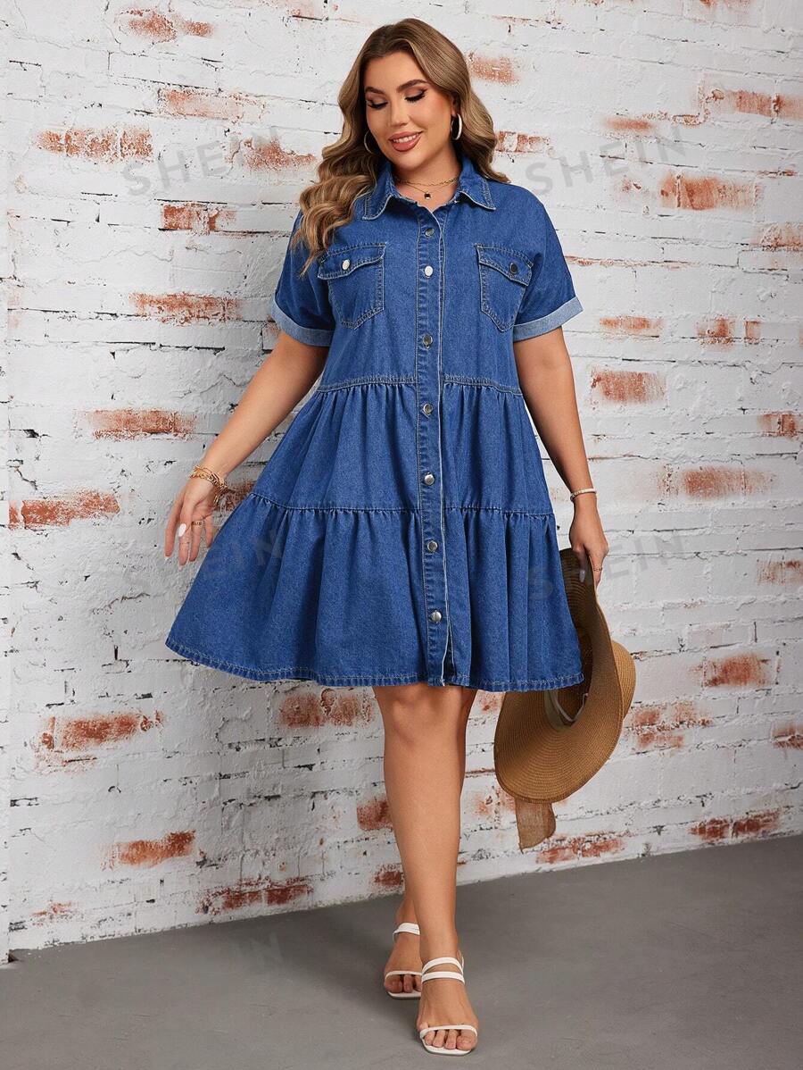 Shein Lune Plus Size Denim Pleated Dress Shein Usa