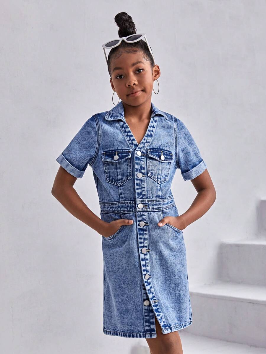 TWEEN GIRL PREPPY CASUAL LIGHT WASH Button Front Denim Dress | SHEIN USA