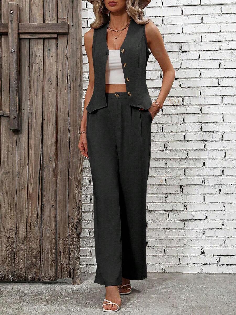 SHEIN Clasi Women's Solid Color Front Buckle Sleeveless Top And Long ...