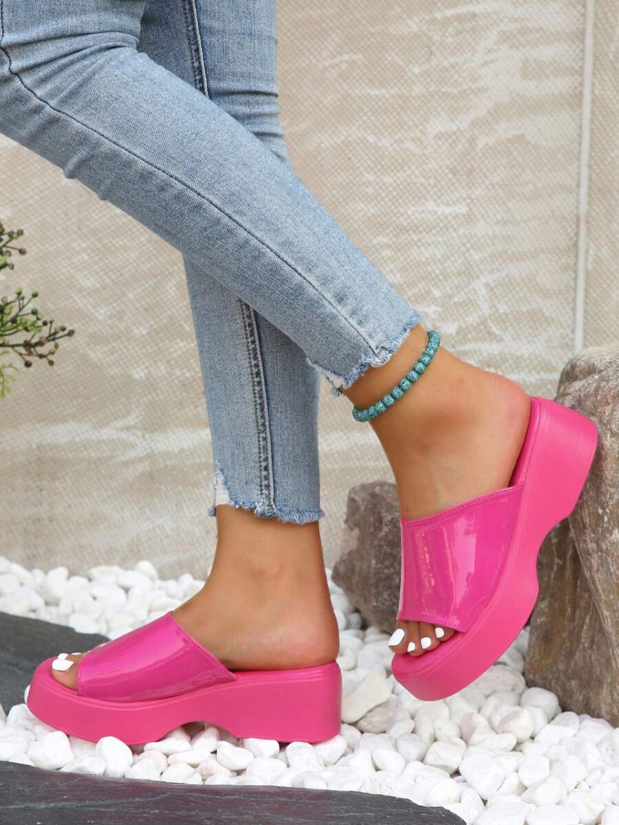 Women's Hot Pink Open Toe Platform Wedge Sandals With Square Toe And ...
