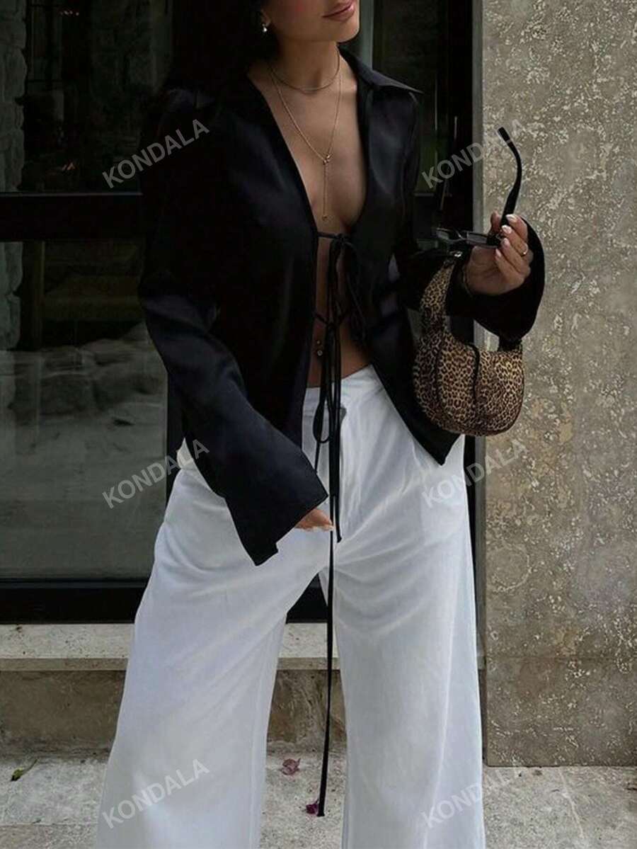 Y2K Chic Women Sexy Slim Solid Color Tied Design Satin Blouse, Spring/Summer | SHEIN EUR