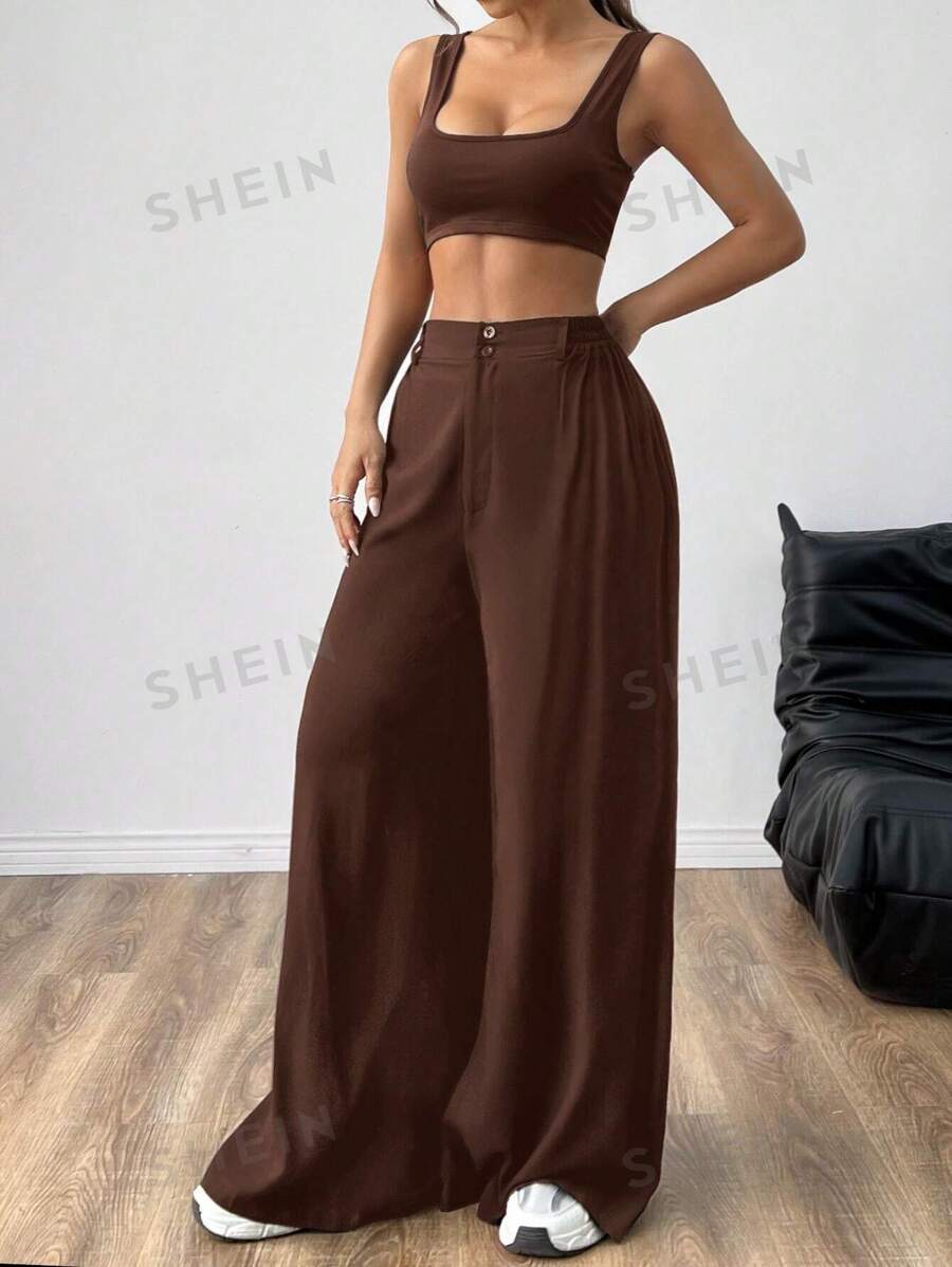 SHEIN EZwear Music Festival Flowy Split Wide Leg Pants And Seamless ...