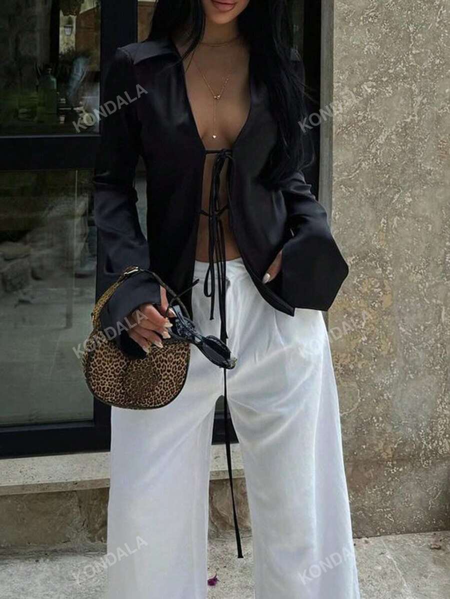 Y2K Chic Women Sexy Slim Solid Color Tied Design Satin Blouse, Spring/Summer | SHEIN EUR