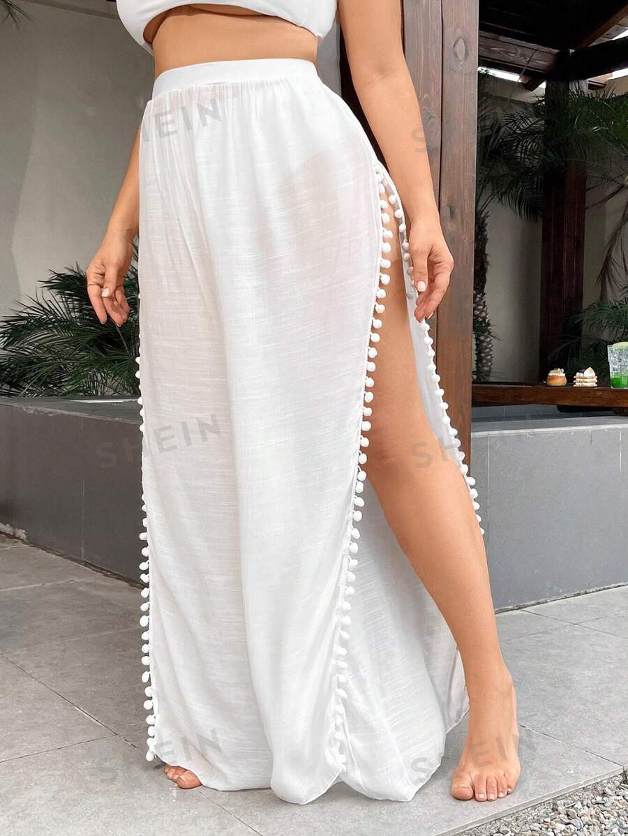 Shein Swim Curve Plus Size Solid White Color Beach Vacation Wide Leg