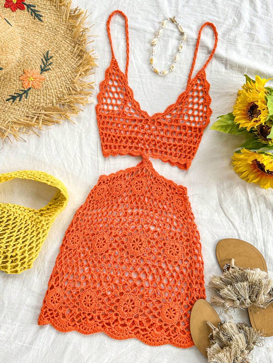 SHEIN WYWH Women's Tropical Style Vacation Orange Mini Dress, Crochet ...