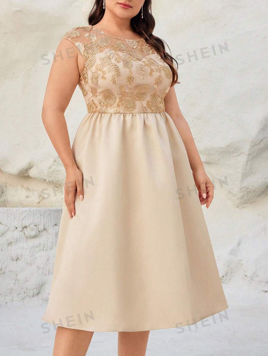 SHEIN Belle Plus Size Luxury Gold Thread Flower Embroidery ...