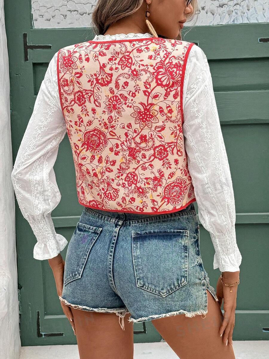 SHEIN Frenchy Summer Women Tops,Red Paisley Vest, Front Lace-Up Vest, Suitable For All Seasons ...