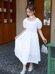 Tween Girl Summer Textured Puff Sleeve White Dress, Mommy And Me ...