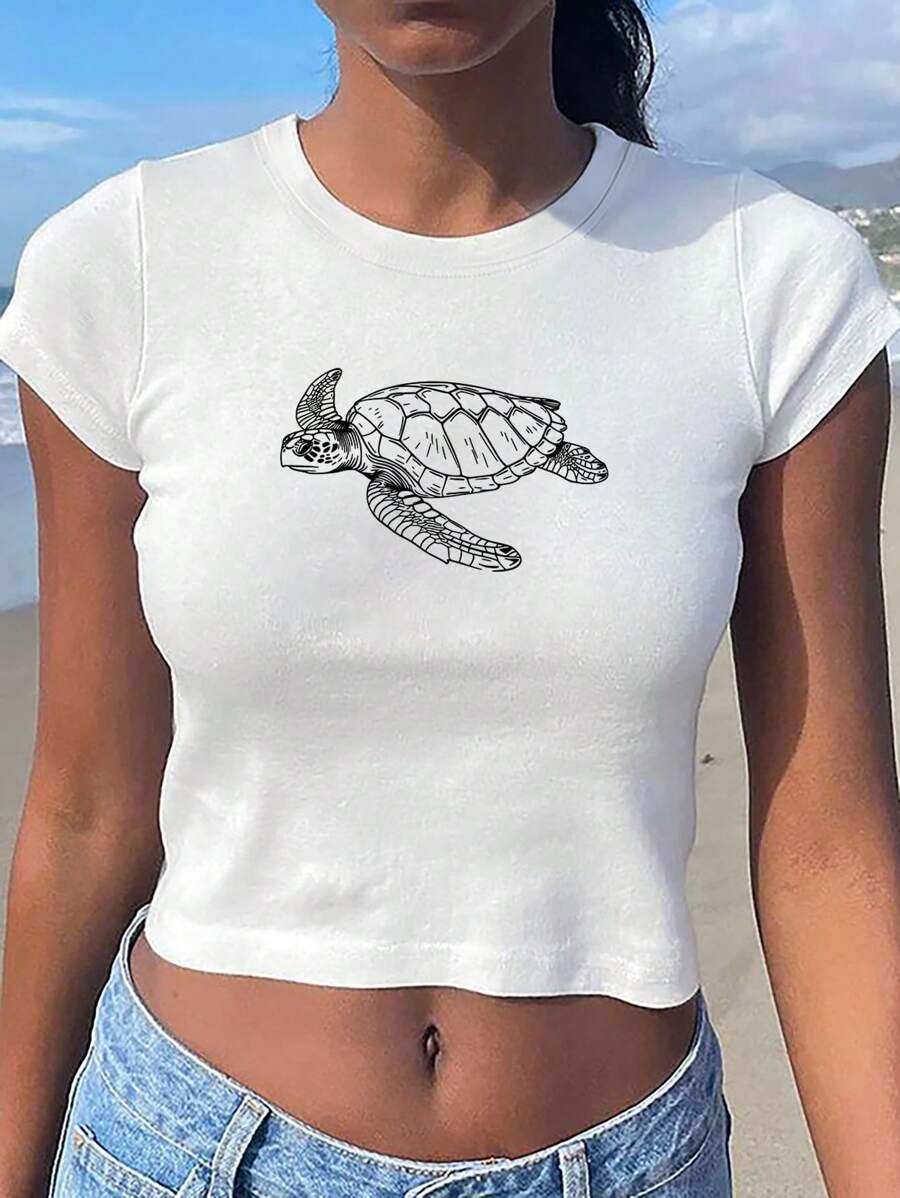 SHEIN EZwear Women's Summer White Turtle Short Sleeve Cropped T-Shirt ...