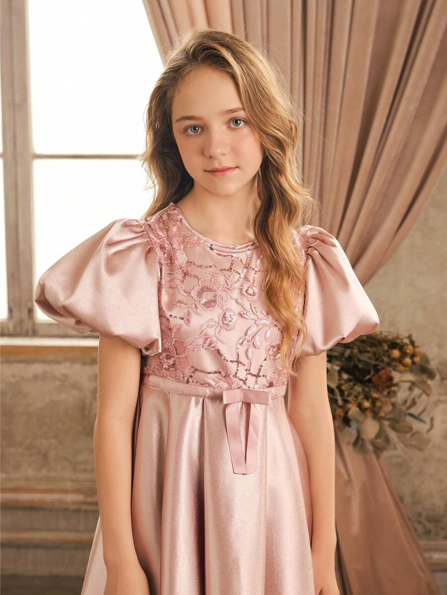 SHEIN Tween Girls' Elegant Satin Dress With Beading, Mesh And ...