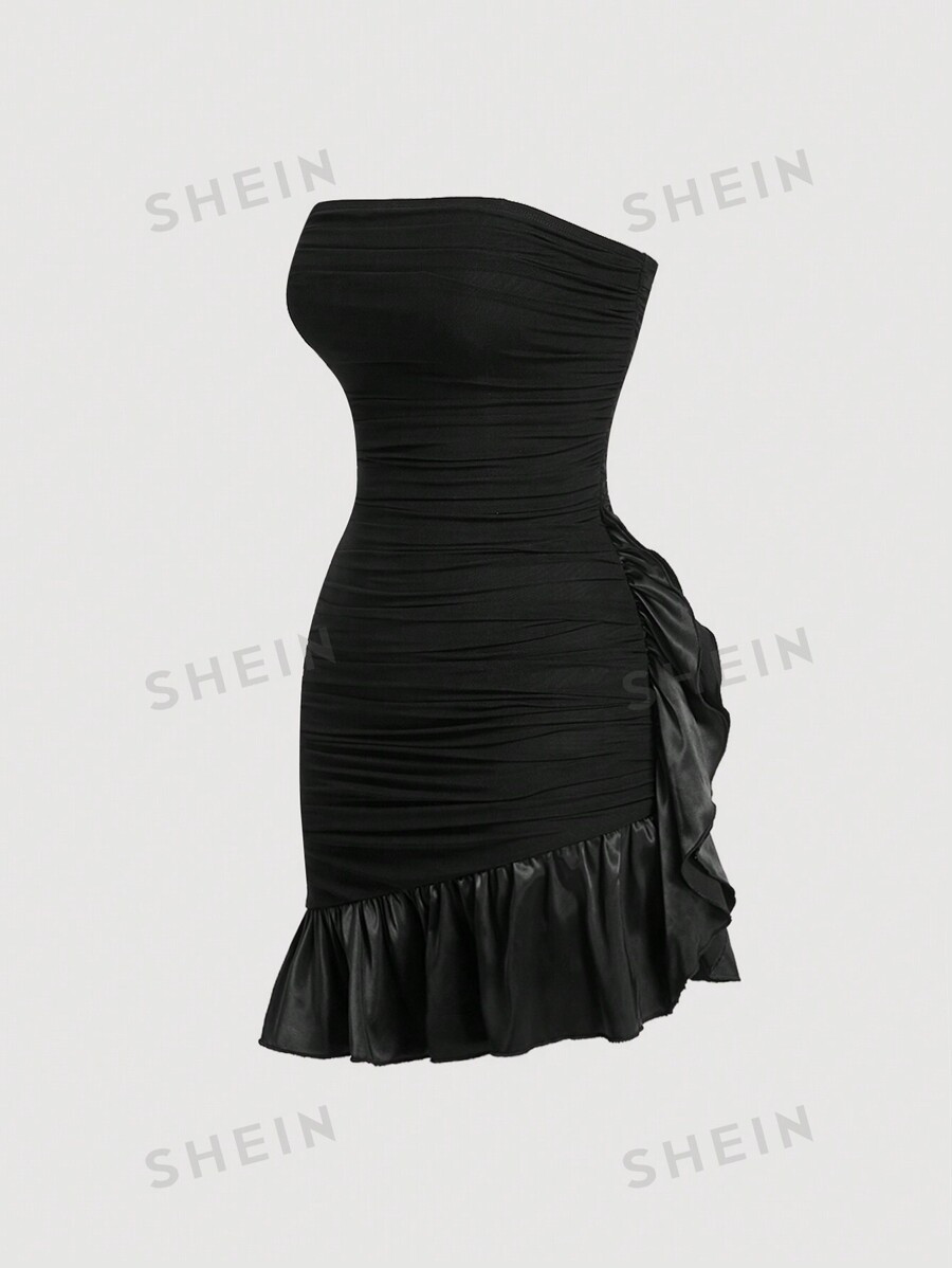 SHEIN MOD Black Strapless Mesh And Asymmetric Pleated Short Women's Dress With Asymmetrical Hem ...