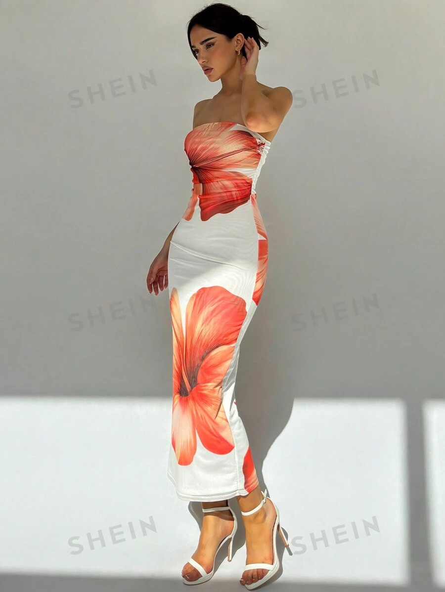 Shein Aloruh Romantic Date Strapless Printed Bodycon Dress For Women 