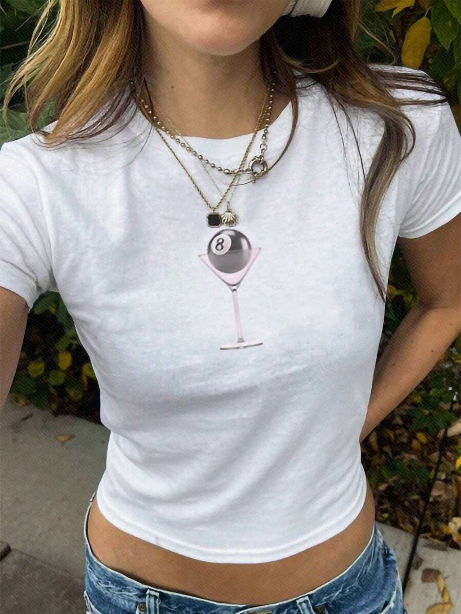 SHEIN Essnce Millennial Cocktail Glass Spicy Girl Slim Fit Baby Tee ...