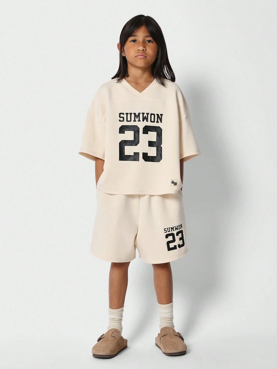 SUMWON Tween Girls Crop Fit Tee And Jorts With Number Print 2 Piece Set ...