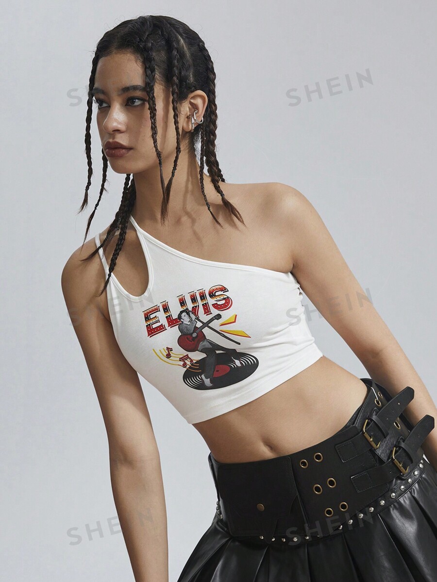 Elvis Presley X SHEIN White Rock Pattern Tight One-Shoulder Top, Cool Summer Y2K White Sexy Top ...