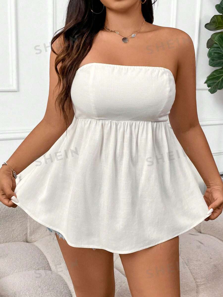 SHEIN EZwear Plus Size Linen Texture Swing Vacation Strapless Top ...