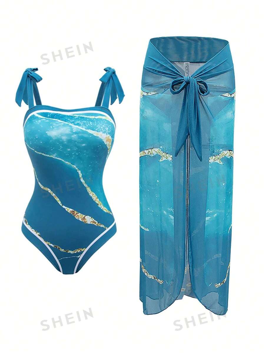 SHEIN Swim Oasis Traje de baño de una pieza transparente con estampado ...