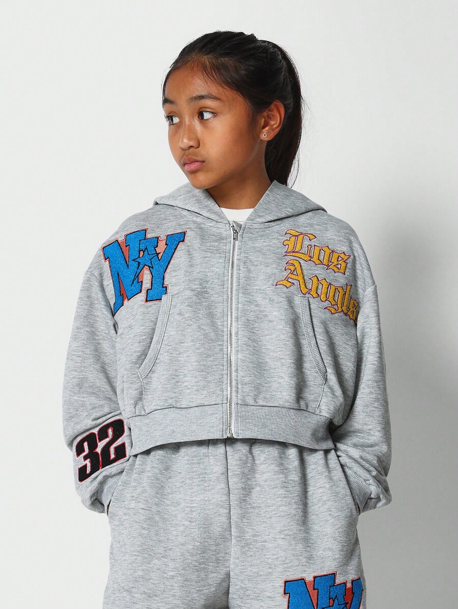 SUMWON Tween Girls Zip Through Crop Fit Hoodie And Short With Letter ...