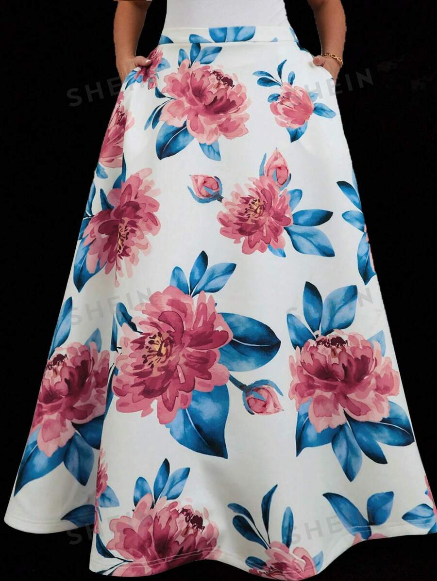 SHEIN Clasi Plus Size Summer Holiday Skirt With Large Floral Print And ...