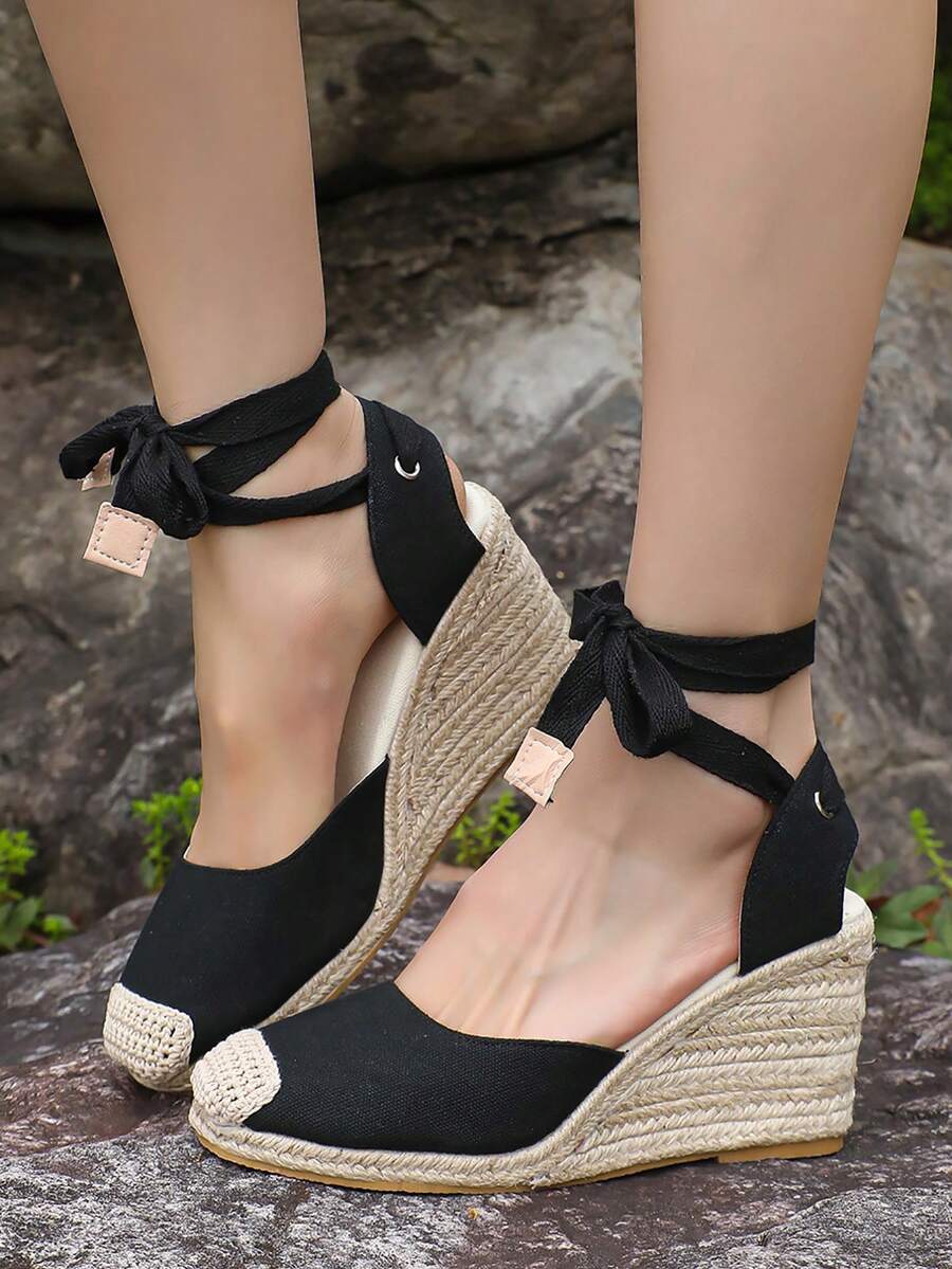 Bohemian Style Black High Heel Shoes, Closed Toe Woven Straw Cross ...