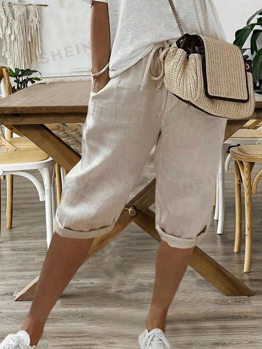 SHEIN LUNE Elastic Waist Imitation Linen Texture Summer 5-Inch Casual ...