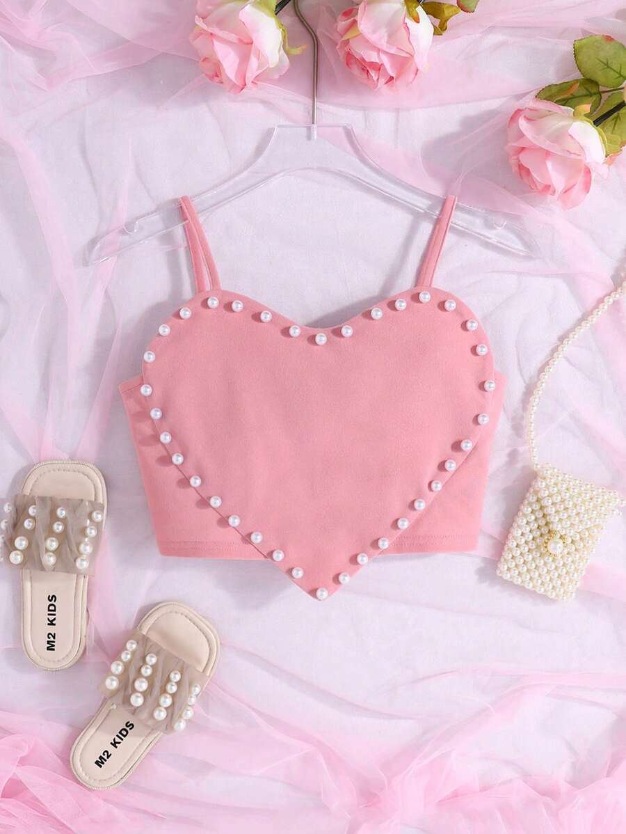 SHEIN Tween Girl's Heart Shaped Faux Pearl Decorated Cropped Camisole ...