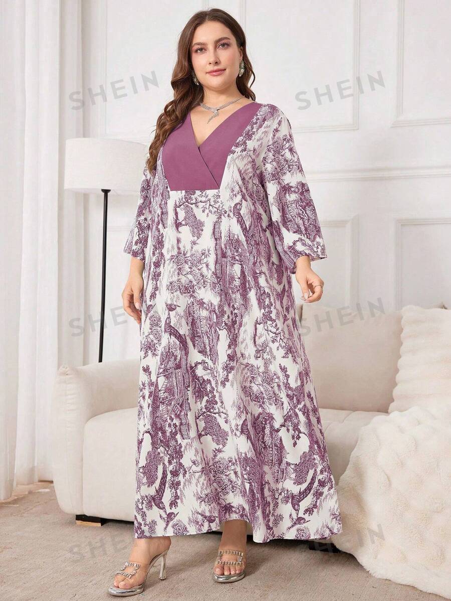 SHEIN Najma Vestido elegante árabe de talla grande con cuello en V ...