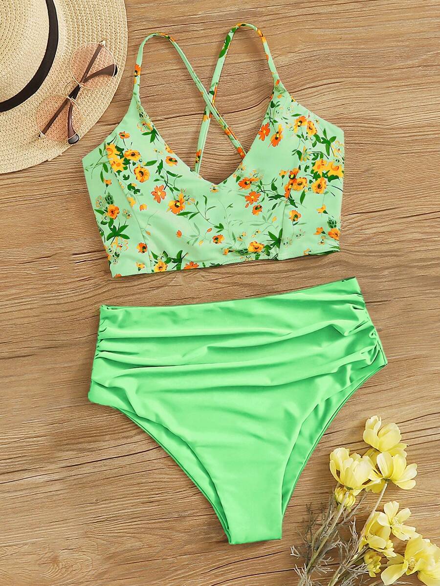 Womens Summer Beach Ditsy Floral Crisscross Pleated Triangle Bikini