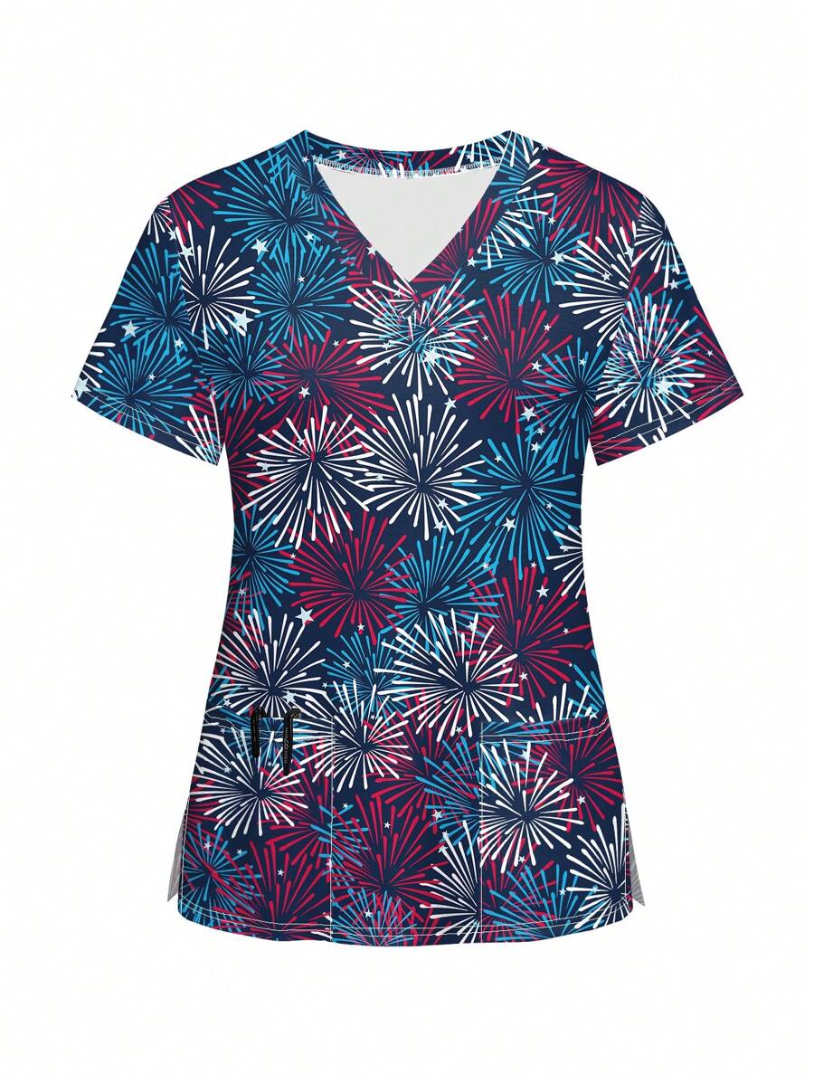 Fashion Printed Simple Short Sleeve Healthcare Uniform Scrub Top | SHEIN UK