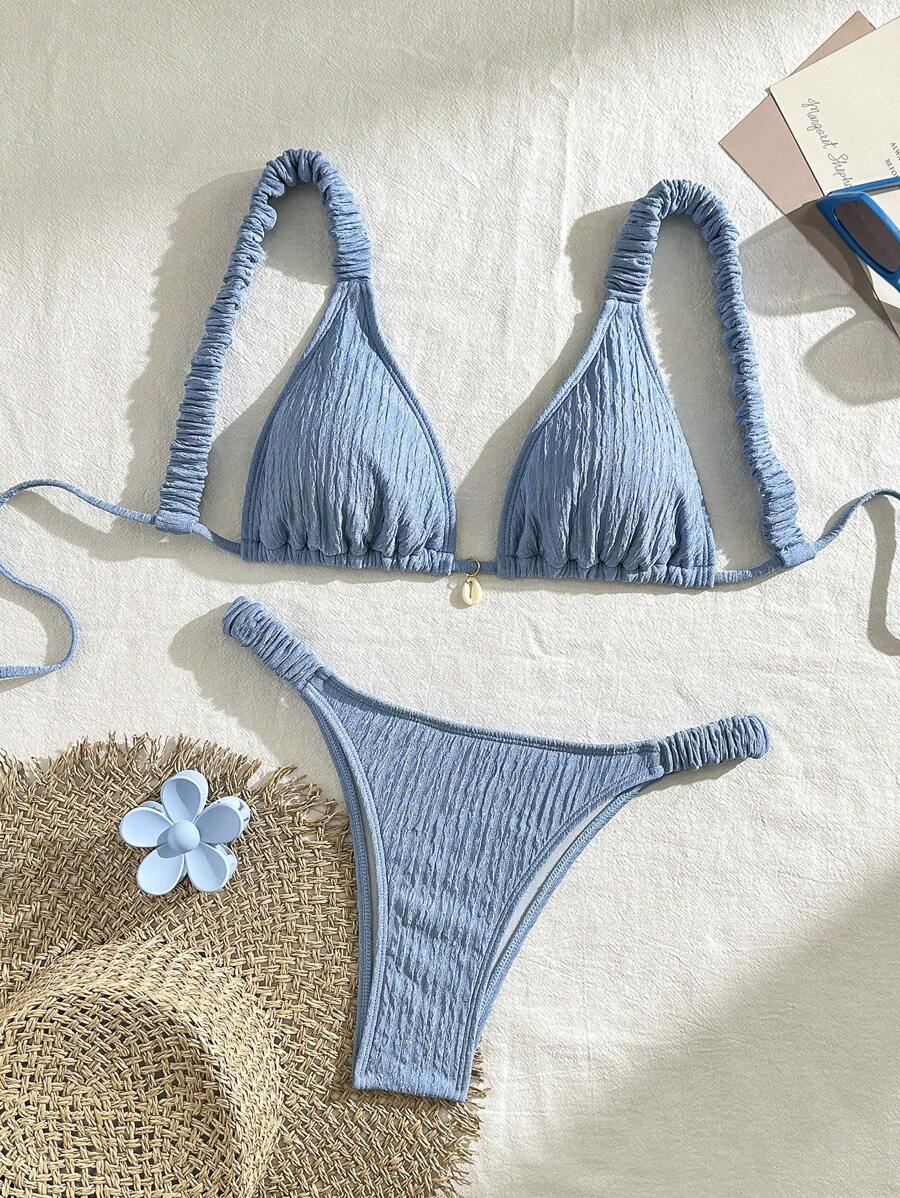 Swim Mod Ladies' Solid Color Simple Pleated Halter Bikini Set With ...