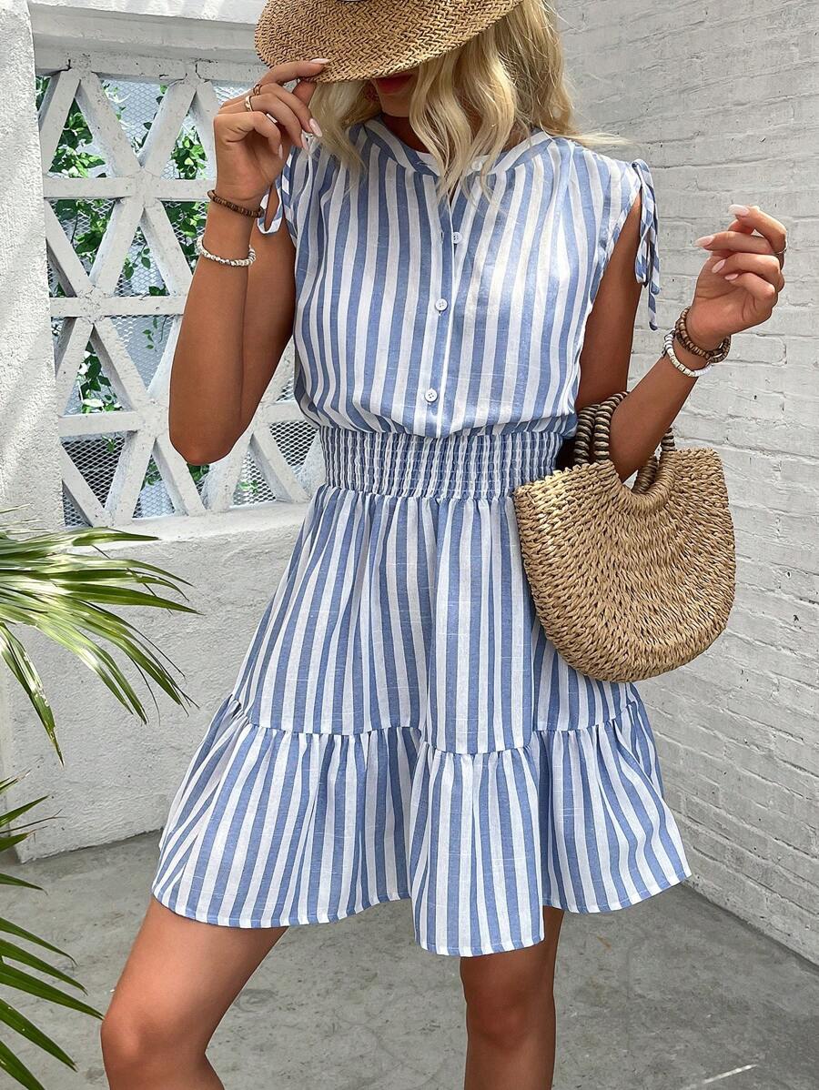 SHEIN ChicEase Summer Blue & White Striped Shoulder Ruffle Bow Tie ...
