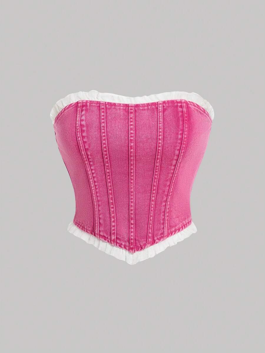 SHEIN MOD Women's Vintage Denim Top, Retro Tea Break Style, Lace ...