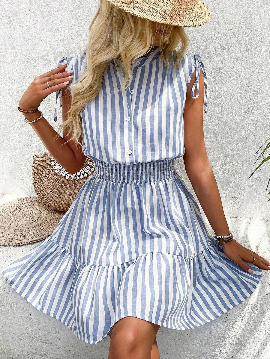 SHEIN Essnce Summer Blue & White Striped Cotton Dress With Shoulder ...