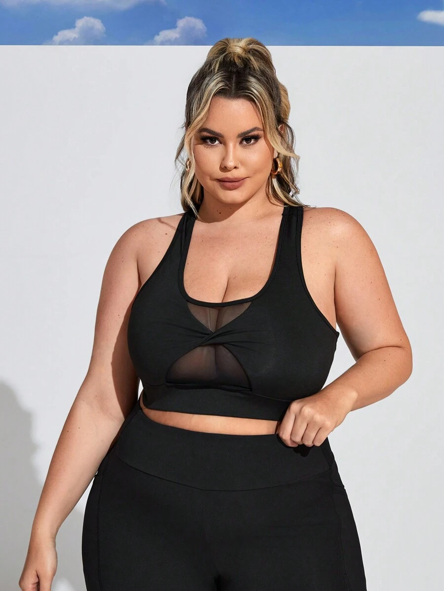 SHEIN Sport Gameset Plus Size Women's Solid Color Everyday Workout Mesh Splicing Sports Bra ...