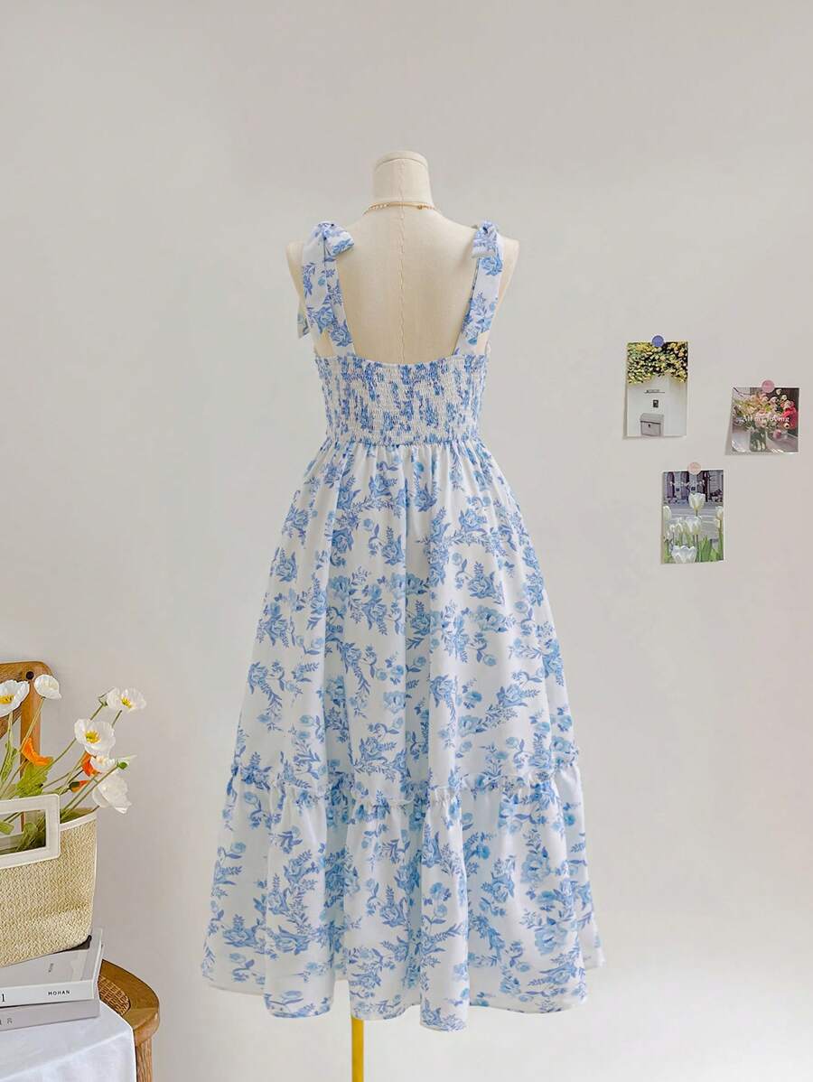 SHEIN WYWH Plus Size Women's Blue & White Floral Ruched Back Tie Waist ...