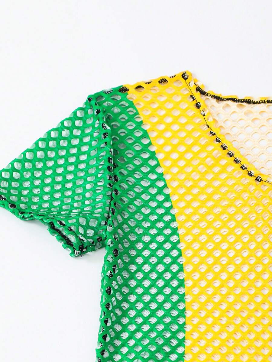 Shein Swim Vcay Women Vacation Beach Color Blocked Hollow Knitted