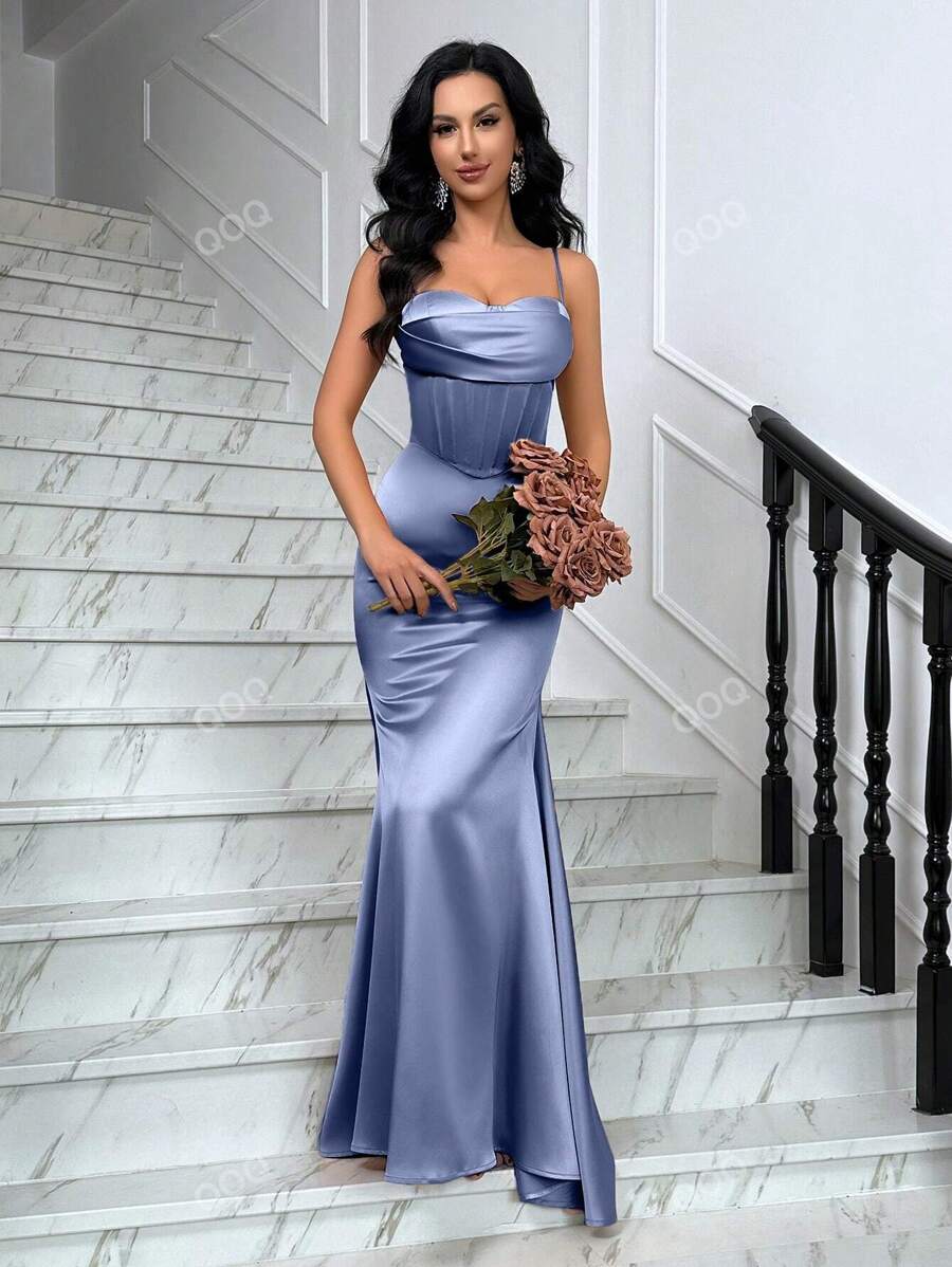 QOQ Fancy Fishtail Extra Long Spaghetti Strap Halter Solid Color Satin ...