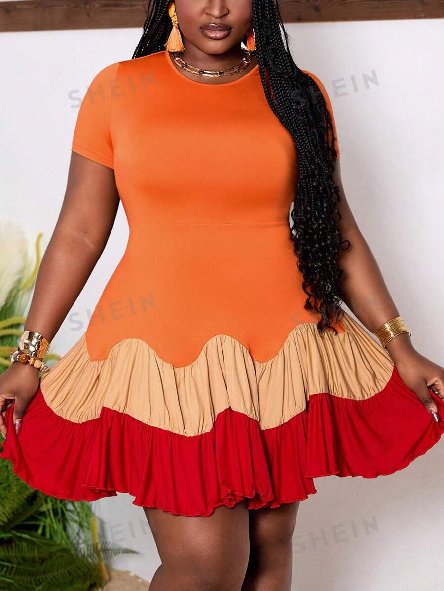 SHEIN CURVE+ Plus Size Round Neck Short Sleeve Knit Dress, Multi-Color, Pleated Patchwork Design ...