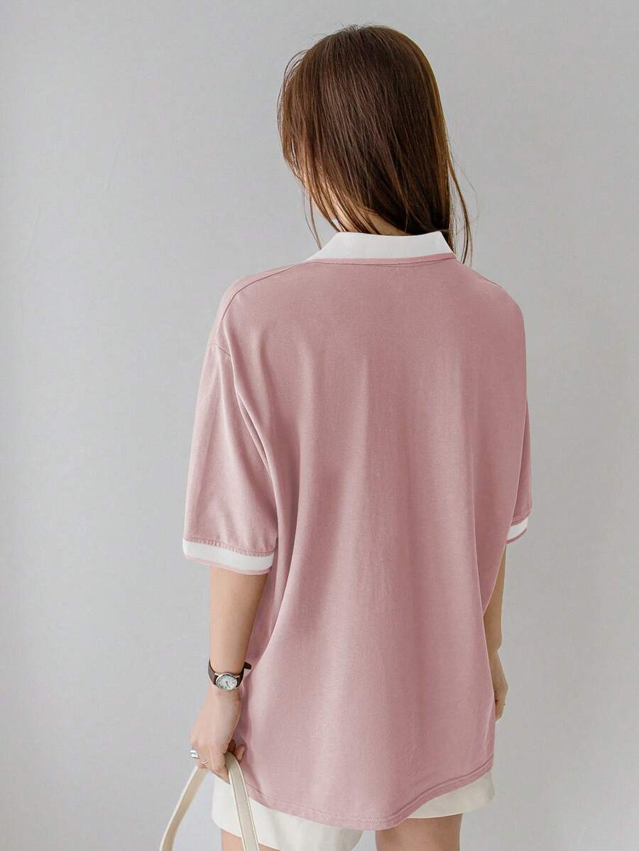 Dazy-Less Women's Summer Color-Blocking Unicorn Embroidery Polo Collar T-Shirt | SHEIN USA