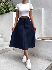 SHEIN Frenchy Solid Pleated Skirt,Commute,Office,Old Money,Simple ...